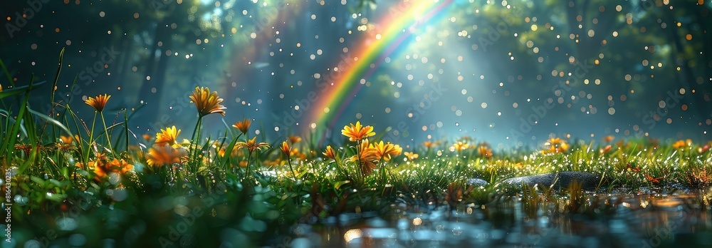 Billboard with spring rain, web banner with rainbow in the sky, grass ...