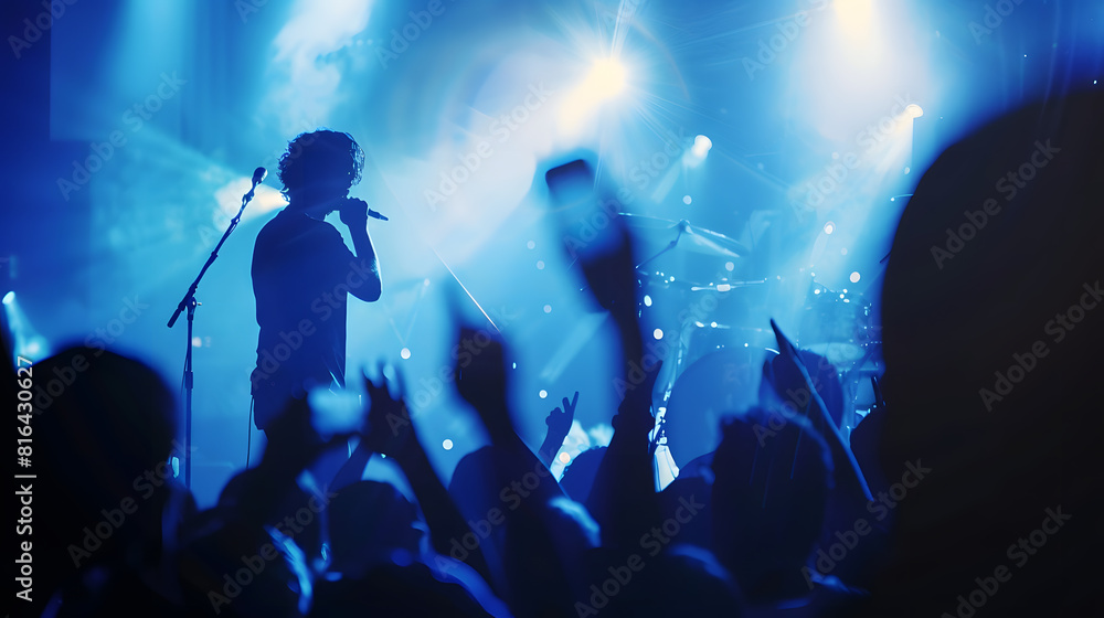 Vocalist in front of crowd on scene in stadium Bright stage lighting ...