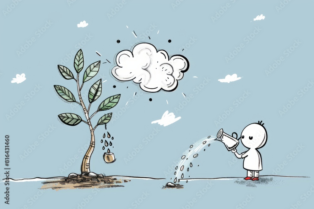 Cartoon cute doodles of a character watering a tiny plant, which then ...