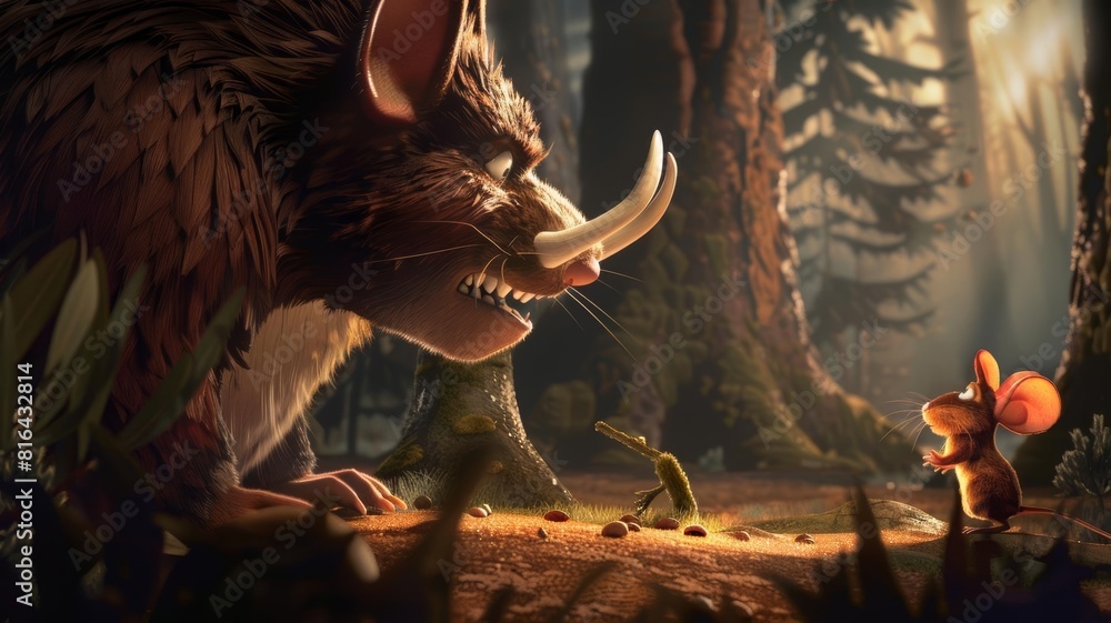 The Gruffalo Mouse facing the Gruffalo in the deep dark wood, standing ...