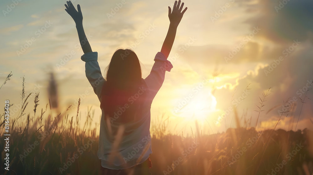 Surrender and praising concept Silhouette of healthy Christian woman ...
