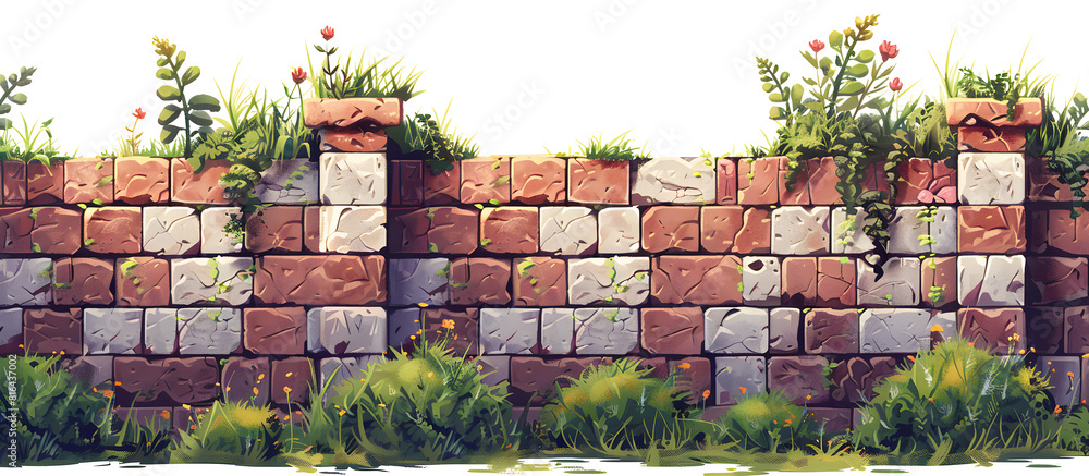 brick wall covered with grass pattern background, 2D game level rocks ...
