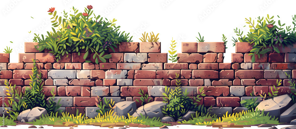 brick wall covered with grass pattern background, 2D game level rocks ...