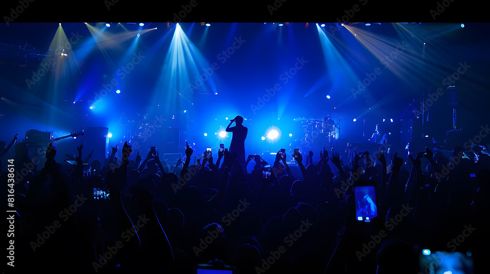 Vocalist in front of crowd on scene in stadium Bright stage lighting ...