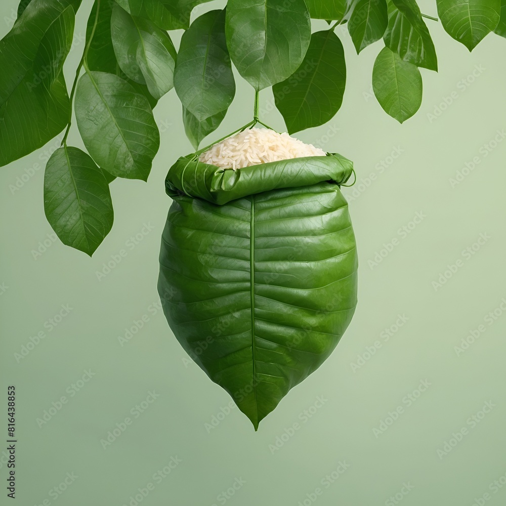 A green leaf shaped like an open rice bag, with white rice inside ...