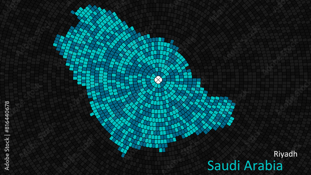 A map of Saudi Arabia is presented as a mosaic with a dark background ...