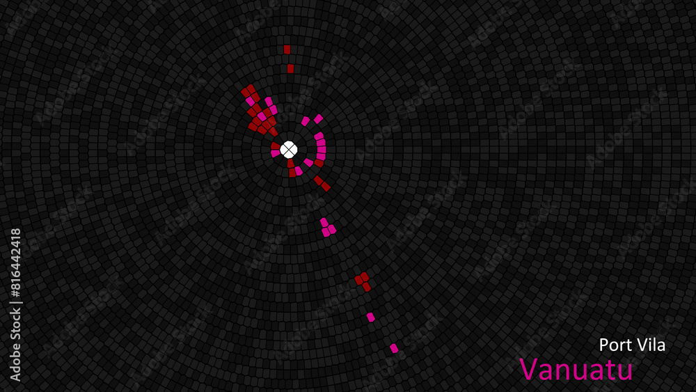 A map of Vanuatu is presented as a mosaic with a dark background, and ...