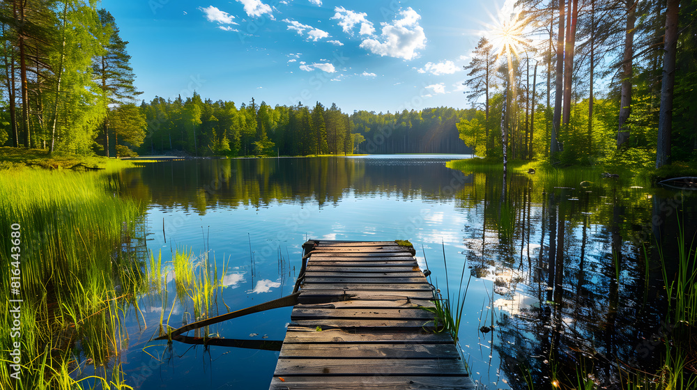 Beautiful summer landscape with lake and old wooden dock in forest on ...