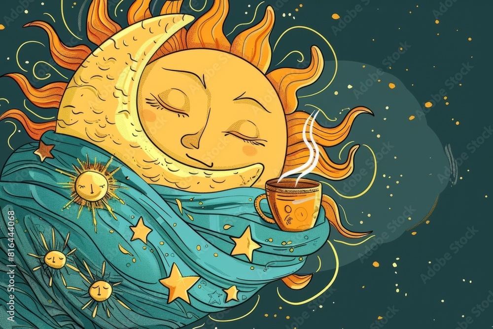 Cartoon cute doodles of a drowsy sun wrapped in blankets, snoring ...