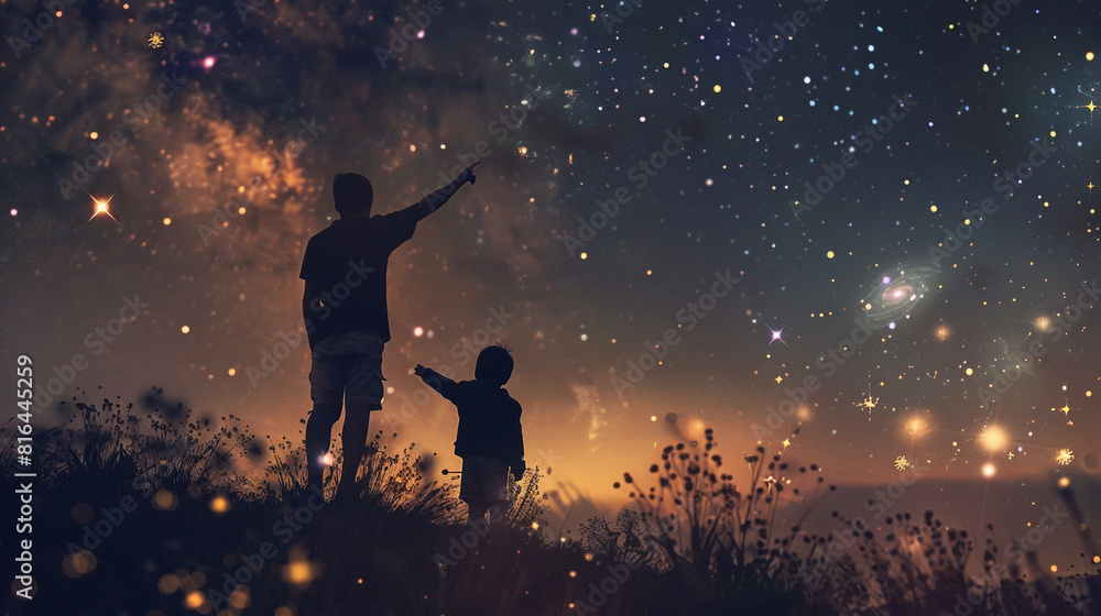 A father and child stargazing together on a clear night pointing out ...