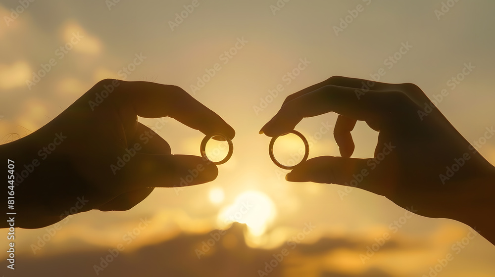 Male and female hands as silhouettes hold wedding rings facing each ...
