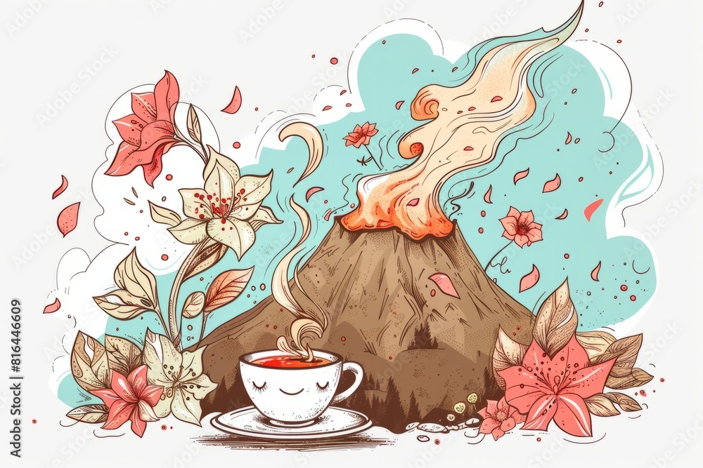 Cartoon cute doodles of a serene volcano calmly sipping tea with a ...