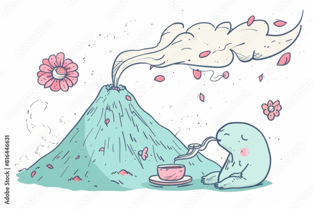 Cartoon cute doodles of a serene volcano calmly sipping tea with a ...