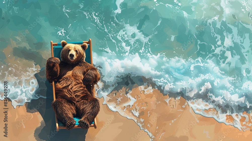 Happy bear lounging on a beach chair flat design top view vacation mode ...