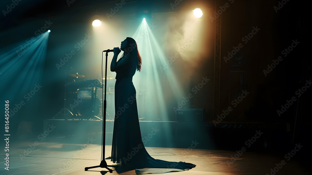Girl in long gown performing on stage the girl singing on the stage in ...