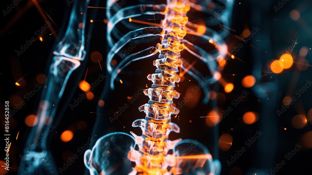a close - up of a human skeleton showing the rib cage, with a blood ...