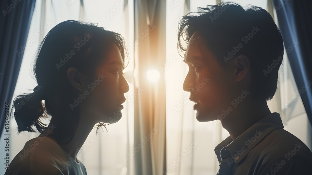 silhoutte of asian couple has a serious argue in front of the window at ...
