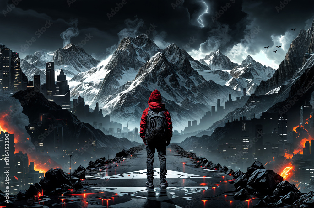 the sillhuette of a boy seen from behind standing on a crumbling road ...