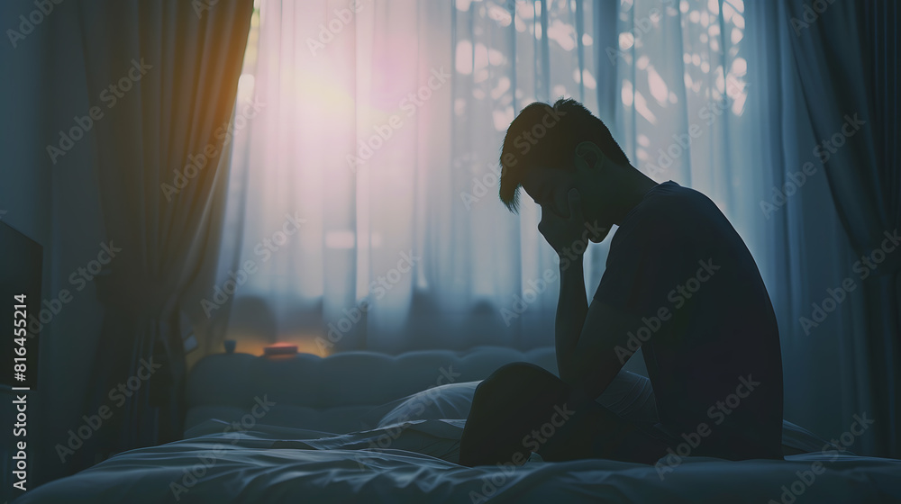 Foto de Silhouette depressed man sadly sitting on the bed in the ...