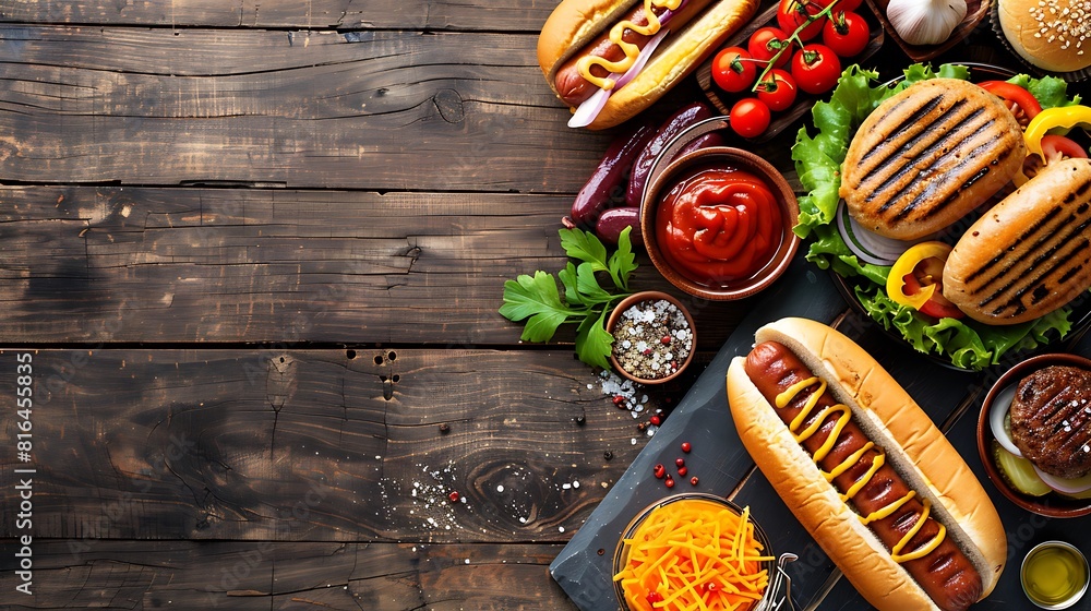 Summer bbq food table scene with hot dog and hamburger buffet Top view ...