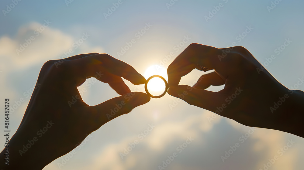 Male and female hands as silhouettes hold wedding rings facing each ...