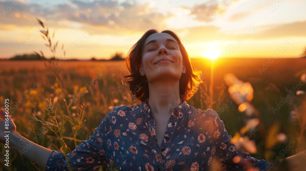 A relaxed woman in his thirties with eyes shut stretching arms enjoying ...