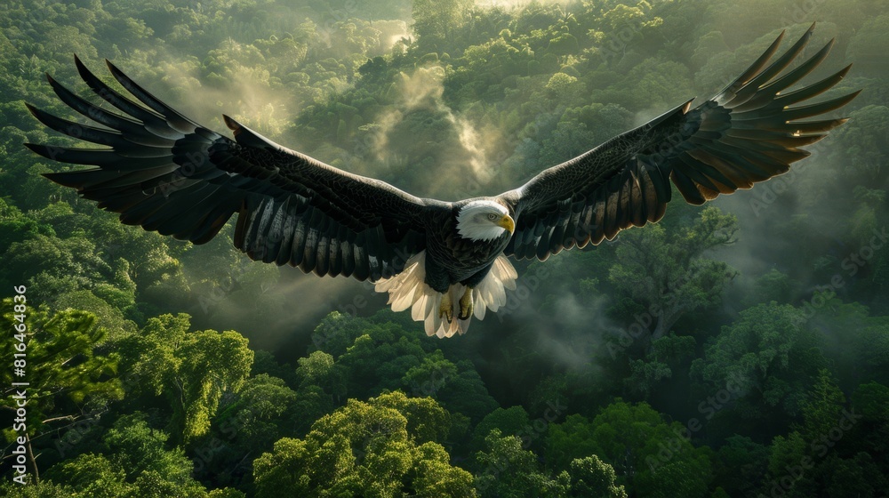 A majestic bald eagle, wings spread wide, soaring high above a dense ...