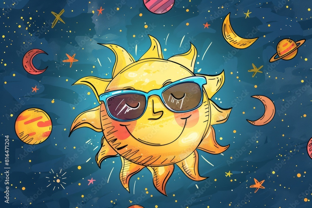 Cartoon cute doodles of a cheerful sun with sunglasses, shining ...