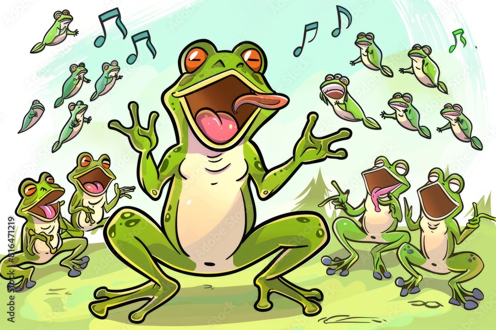 Cartoon cute doodles of a confident frog croaking out a catchy tune ...