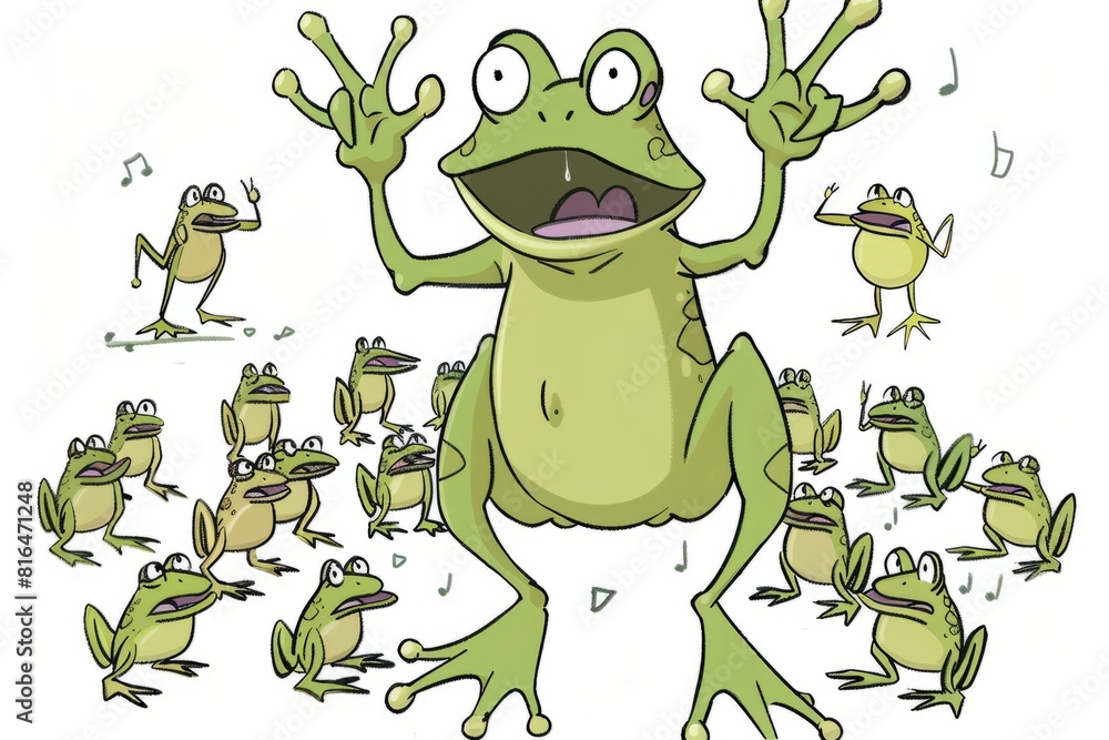 Cartoon cute doodles of a confident frog croaking out a catchy tune ...