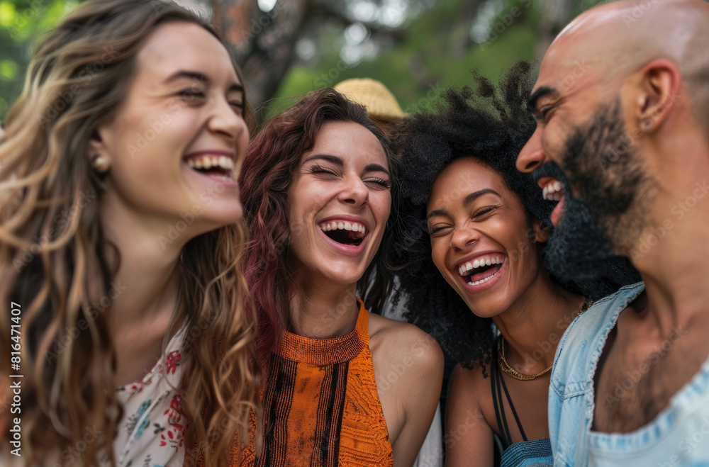 A group of friends laughing and smiling together outdoors, showcasing ...