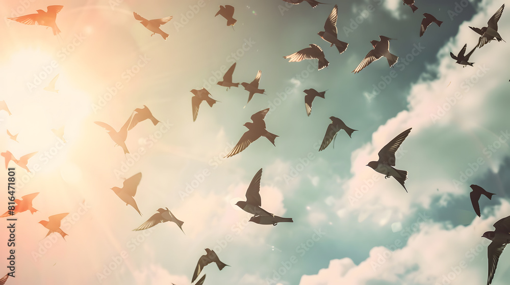 Flock of swallows Silhouettes crowd flying birds away sky free black ...