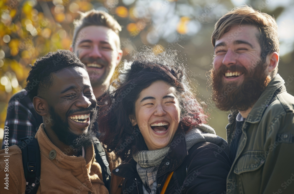 A group of friends laughing and smiling together outdoors, showcasing ...