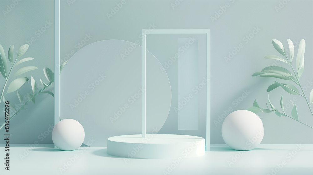 Minimal scene with podium and abstract background. Pastel blue and ...