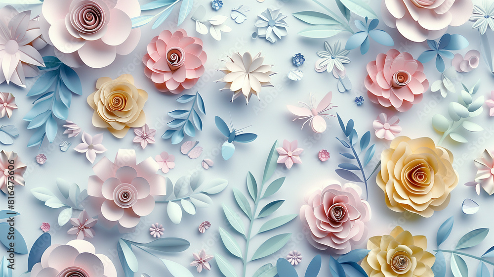 3d render, horizontal floral pattern. Abstract cut paper flowers ...