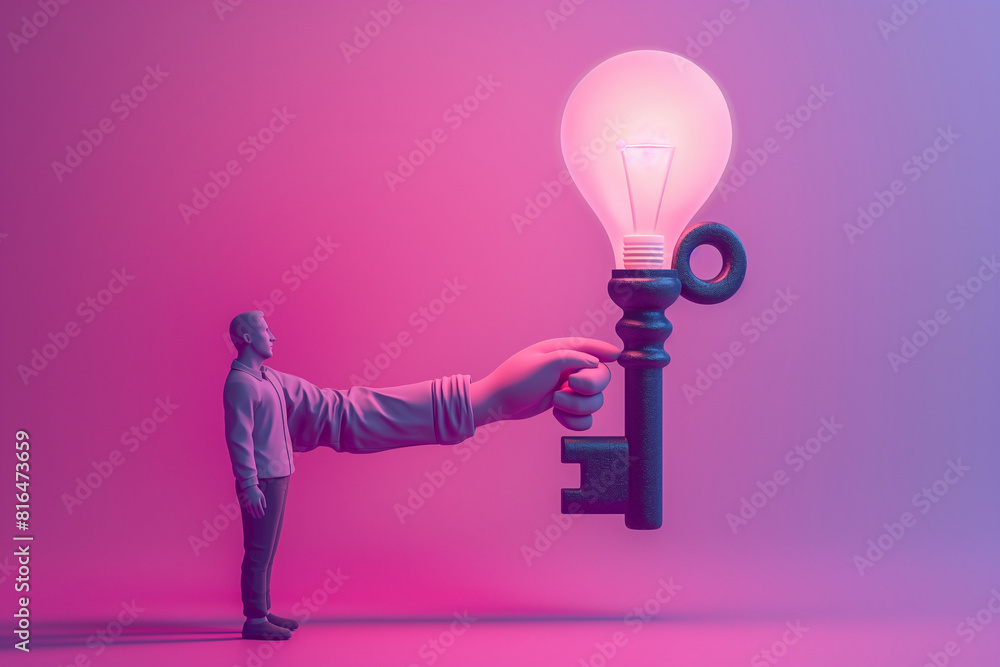 Conceptual 3D illustration of a man standing beside a giant hand ...