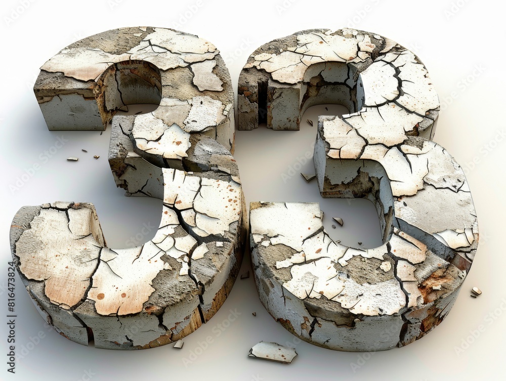 Ancient Relic Number3， 33. Cracked, Weathered 3D Concrete Digit ...