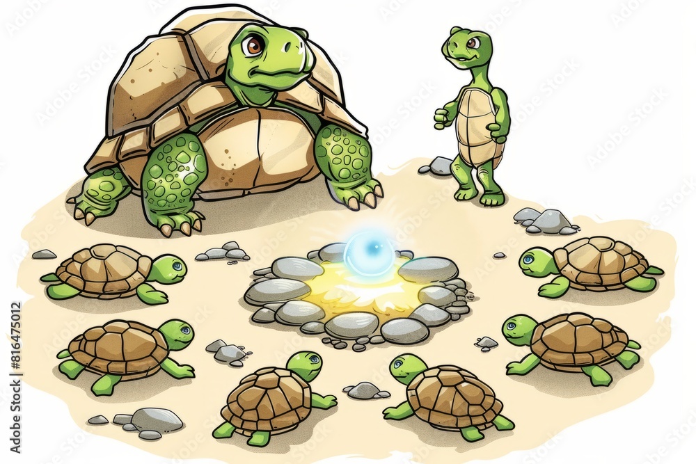 Cartoon cute doodles of a wise old tortoise sharing ancient wisdom with a circle of attentive ...
