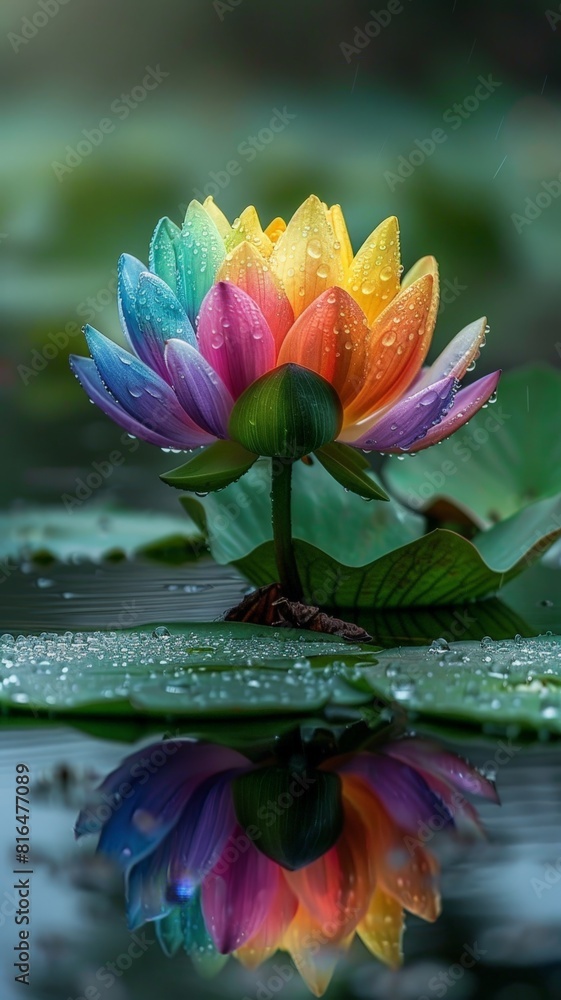 Rainbow lotus emerges from the lake's surface, green leaves ...