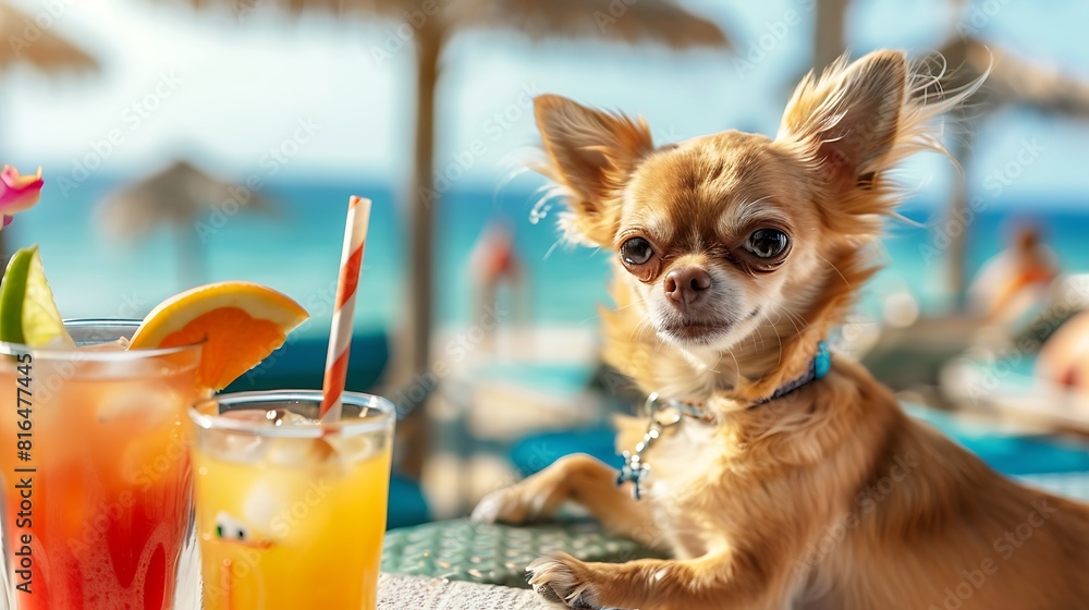 funny cool chihuahua dog drinking cocktails at the bar in a beach club ...