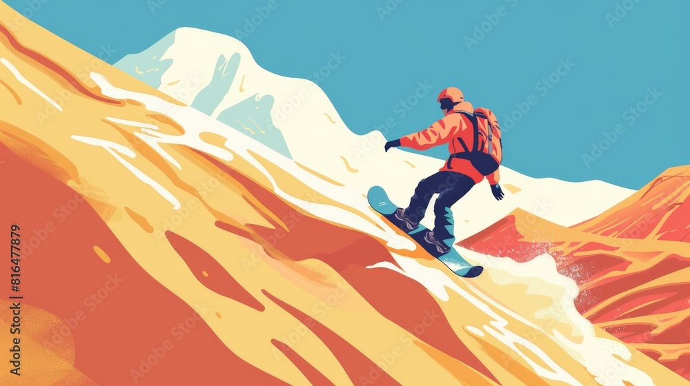 View of sandboarding down steep dunes flat design front view extreme ...