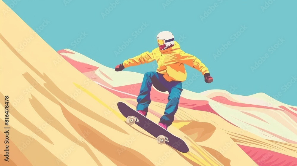 View of sandboarding down steep dunes flat design front view extreme ...