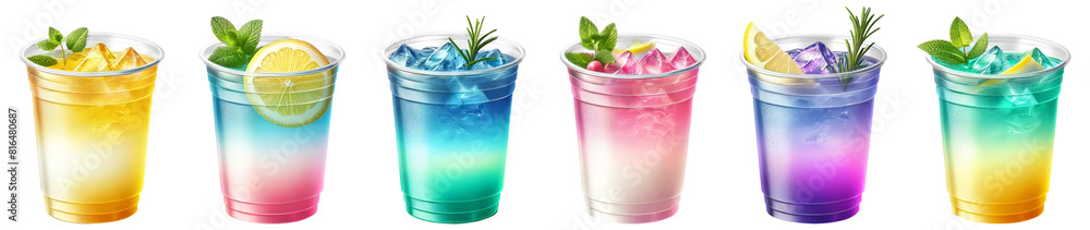 Set gradient drinks in clear glass, each uniquely garnished, isolated ...