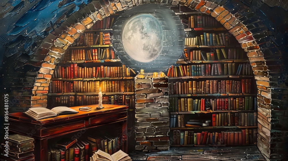 Artistic pastel drawing of a library room with arched brick walls made ...