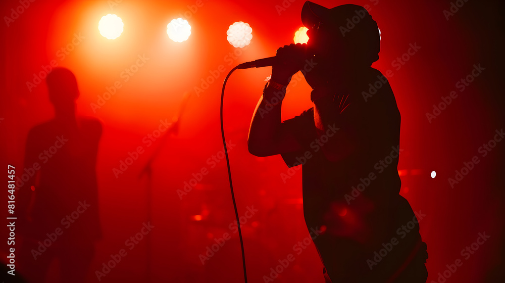 Silhouette of rap band performing on concert stage in bright red lights ...