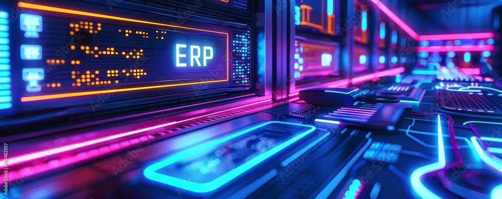 Futuristic server room, glowing ERP nodes, neon blue and purple lights ...