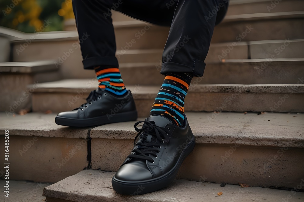 Legs with black pants, different pair of socks and black shoes standing ...