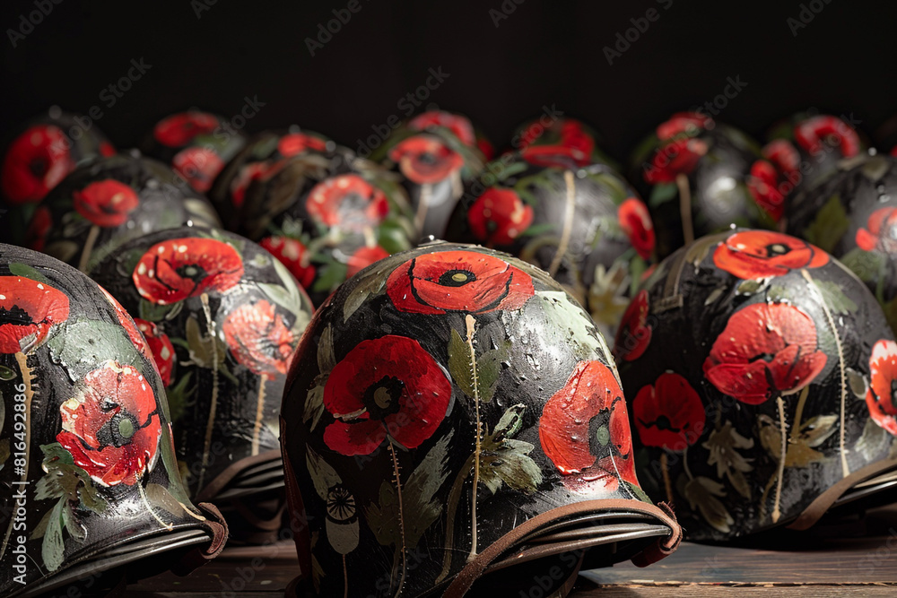 War helmets bear poppy paintings, each telling Memorial Day sries ...