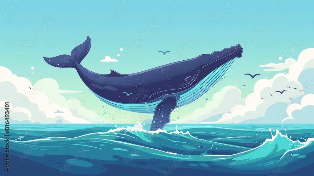 Visual of a whale breaching at sea flat design side view ocean majesty ...