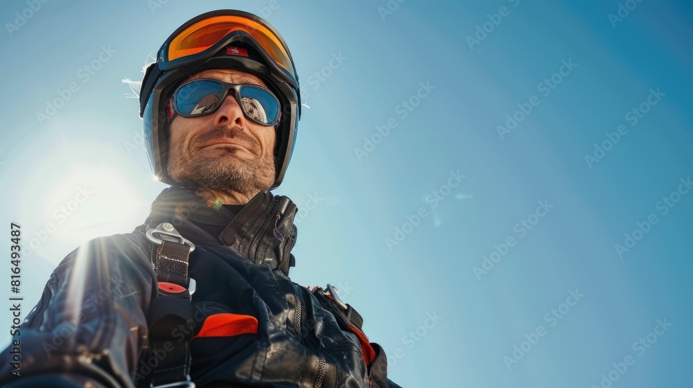 The picture of the professional skydiver wearing goggle doing skydiving ...